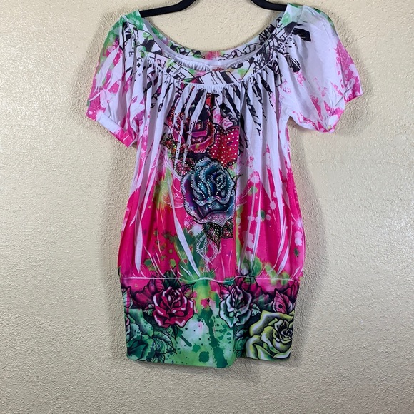 Bling Bling | Tops | Bling Bling Top Blouse White Pink Green Floral M ...